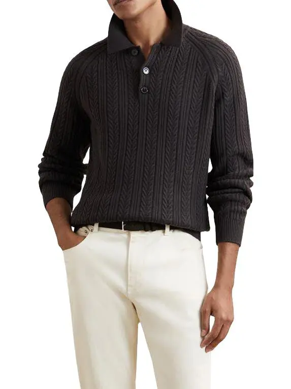 REISS Evesham Cable Stitch Polo Sweater - Chocolate Brown
