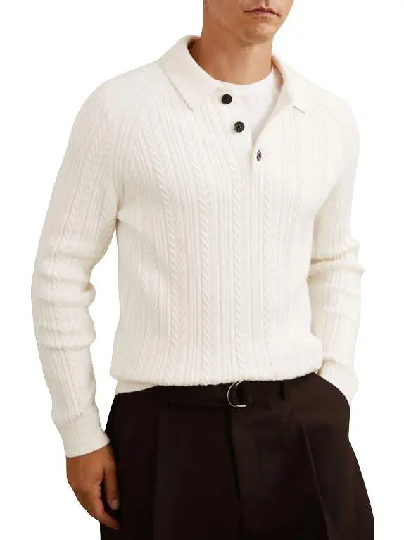 REISS Evesham Cable Stitch Polo Sweater - Winter White