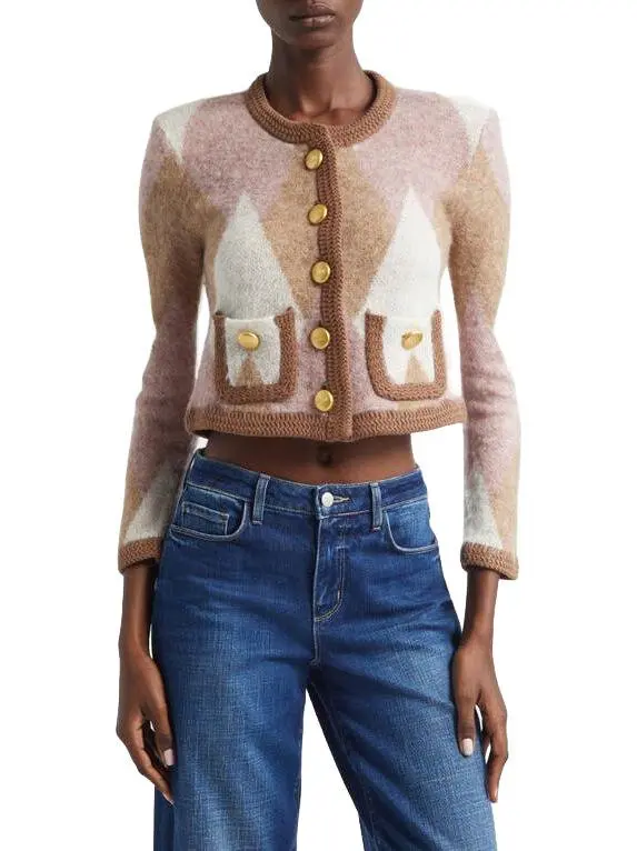 L'Agence Siobhan Argyle Crop Cardigan - Natural/mauve Multi Argyle