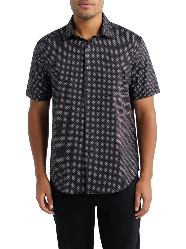 Bugatchi Miles Ooohcotton® Print Short Sleeve Button-up Shirt - Black