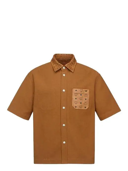 Mcm Shirt In Cotton And Monogram Print Leather - Cognac