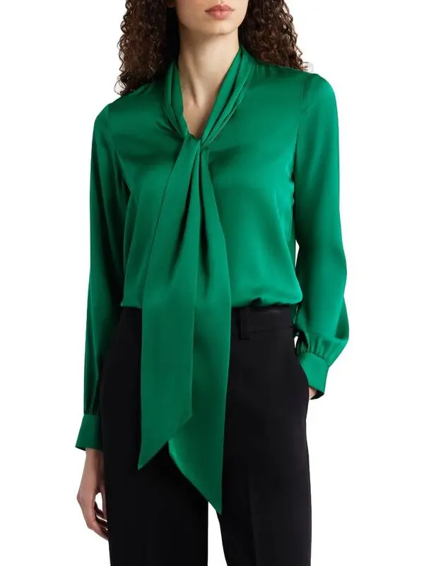 Elie Tahari The Nicoletta Tie Neck Silk Stretch Satin Shirt - Parrot Green