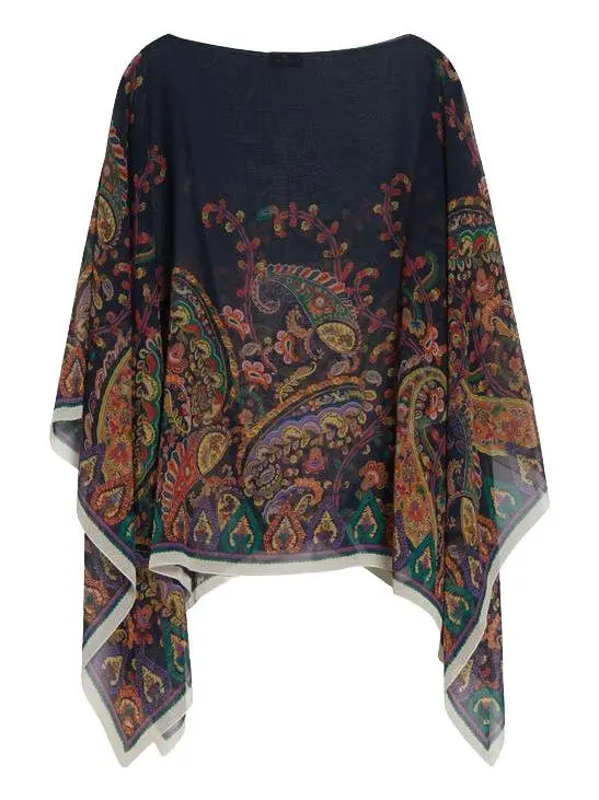 Etro Paisley Print Silk Chiffon Poncho - Printed Blue Base
