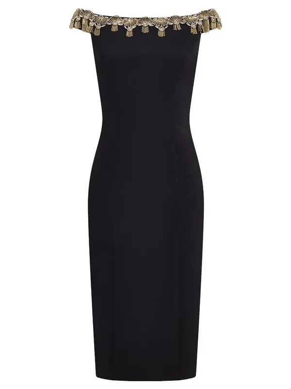 Jenny Packham Valorie Beaded Off-shoulder Midi Dress - Liquorice