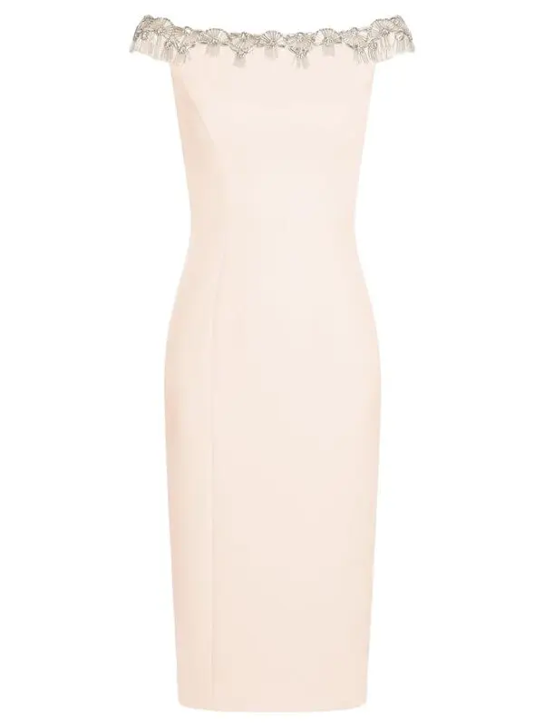 Jenny Packham Valorie Beaded Off-shoulder Midi Dress - Morganite