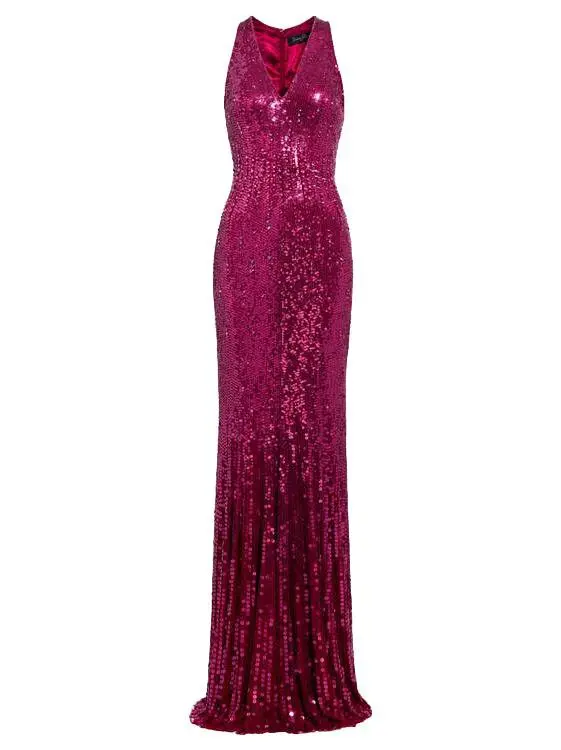 Jenny Packham Sequin Embellished V-neck Gown - Merlot