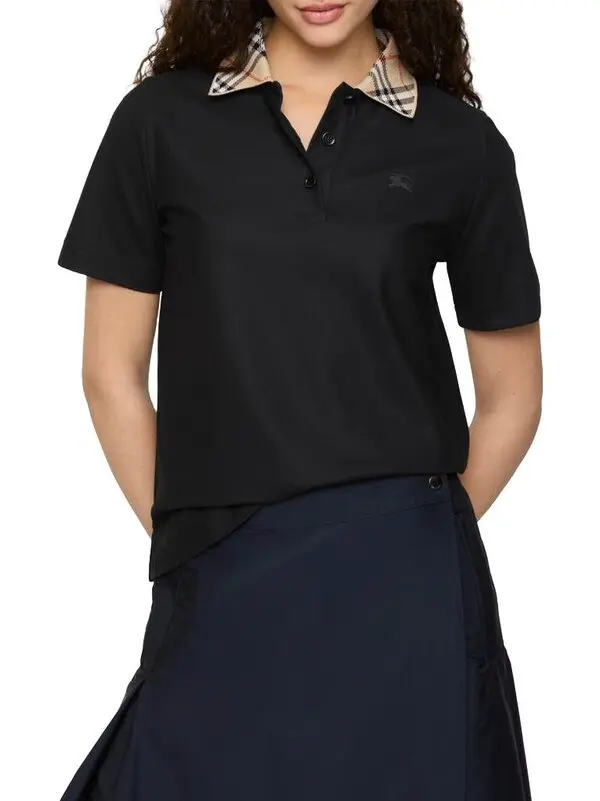 Burberry Check Collar Cotton Polo Shirt - Black