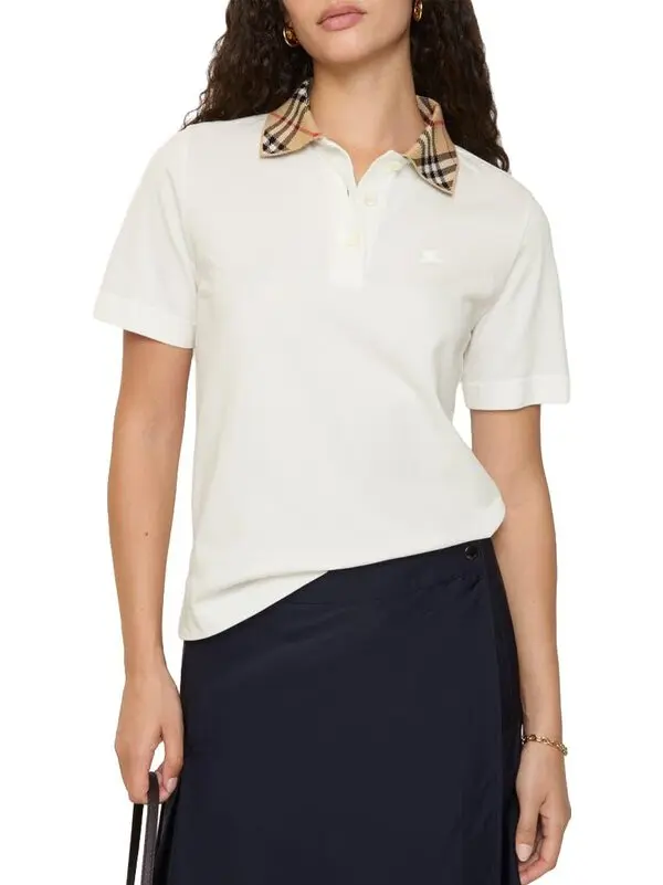 Burberry Check Collar Cotton Polo Shirt - Chalk White