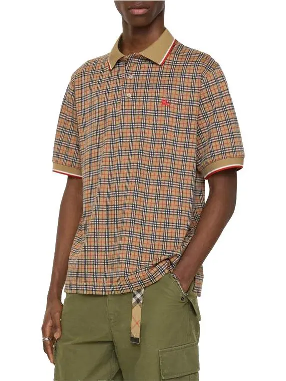 Burberry Check Cotton Blend Polo Shirt - Sand Beige