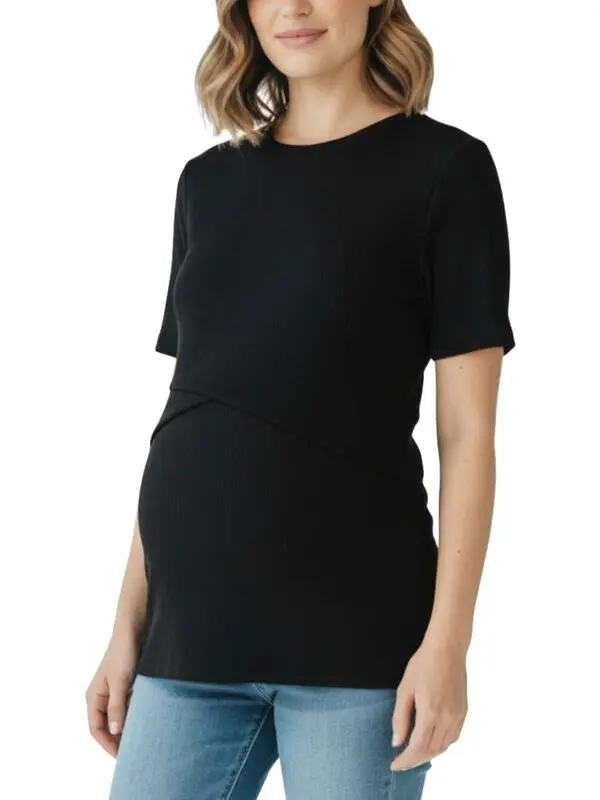 Motherhood Maternity Crew Neck Cross Over Nursing Short Sleeve Top - Black