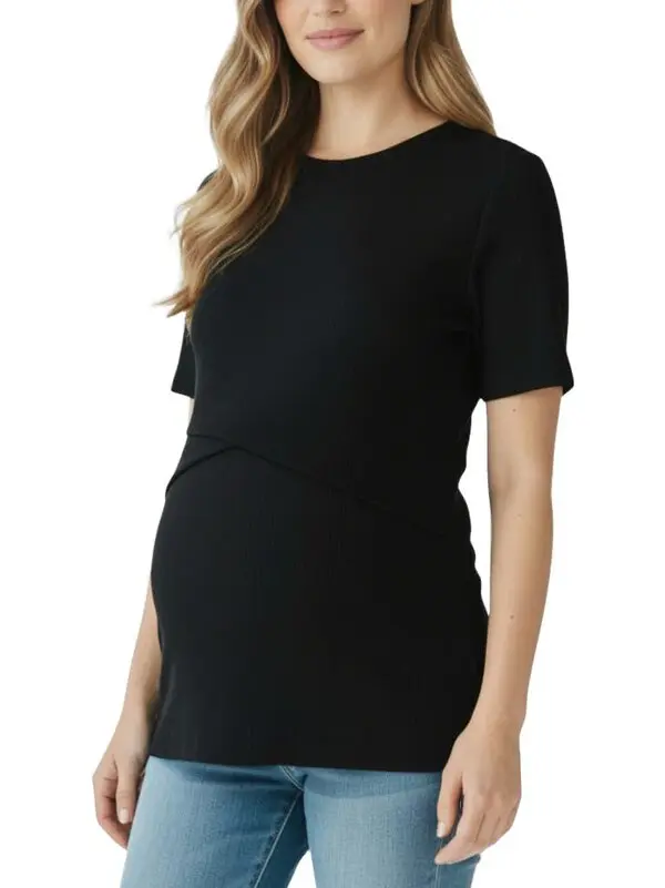 Motherhood Maternity Crew Neck Cross Over Nursing Short Sleeve Top - Black