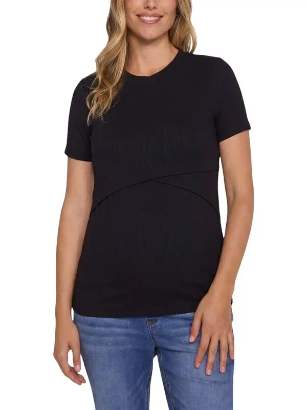 Motherhood Maternity Crew Neck Cross Over Nursing Short Sleeve Top - Black