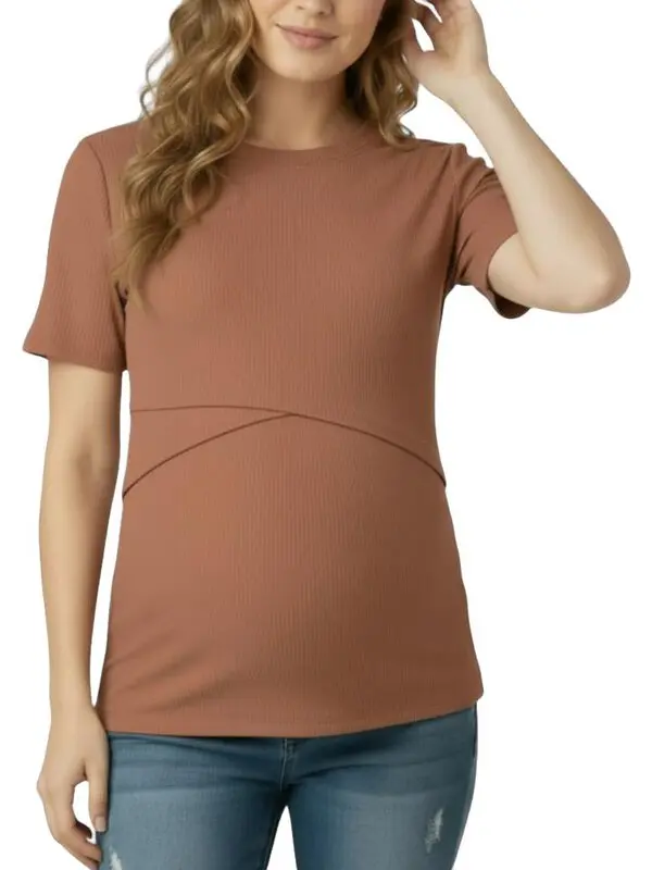 Motherhood Maternity Crew Neck Cross Over Nursing Short Sleeve Top - Mocha Mousse