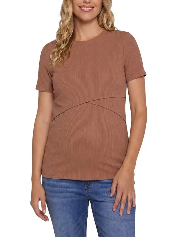 Motherhood Maternity Crew Neck Cross Over Nursing Short Sleeve Top - Mocha Mousse