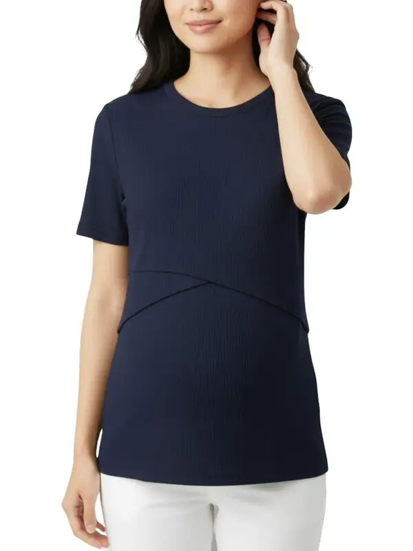 Motherhood Maternity Crew Neck Cross Over Nursing Short Sleeve Top - Peacoat