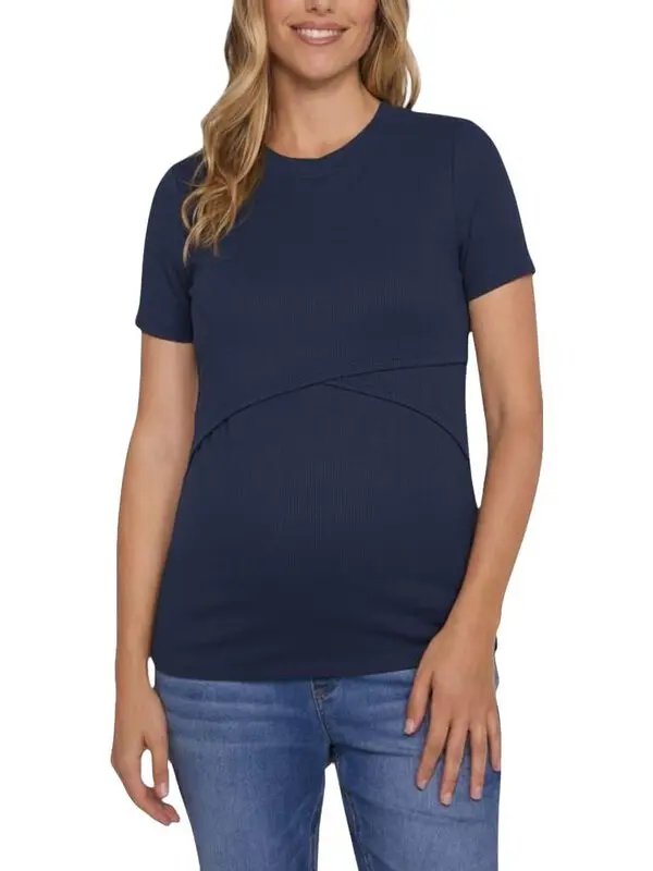 Motherhood Maternity Crew Neck Cross Over Nursing Short Sleeve Top - Peacoat