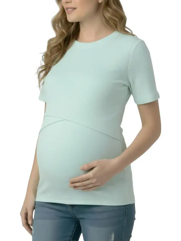 Motherhood Maternity Crew Neck Cross Over Nursing Short Sleeve Top - Whispering Blue