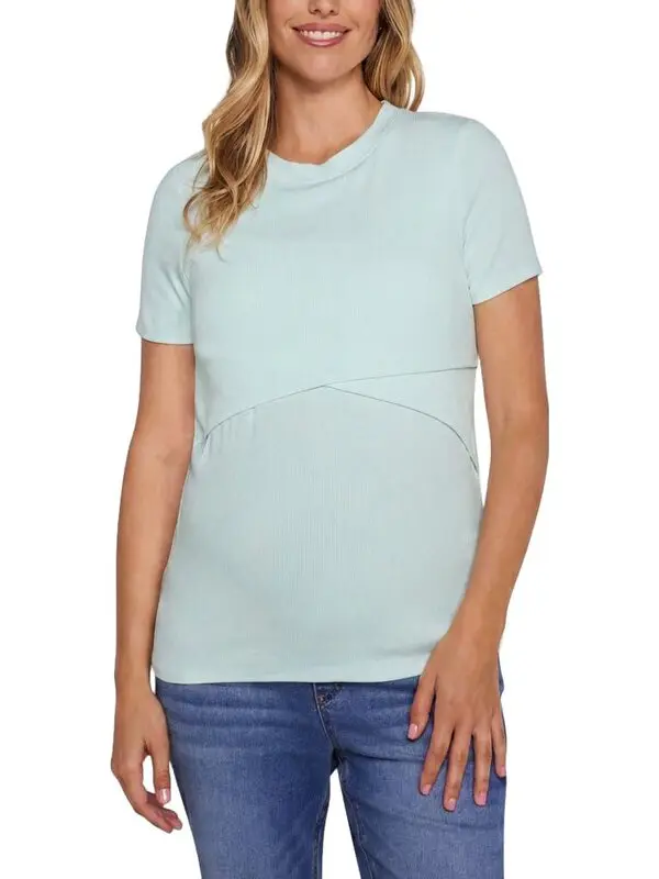 Motherhood Maternity Crew Neck Cross Over Nursing Short Sleeve Top - Whispering Blue