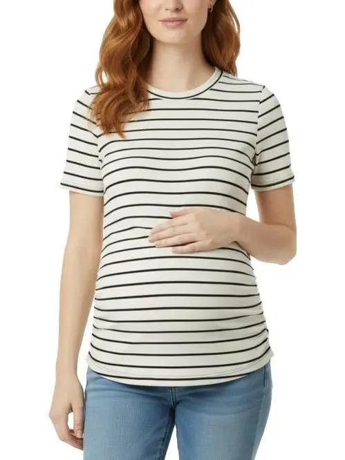 Motherhood Maternity Crew Neck Side-ruched Maternity Short Sleeve Top - Vanilla & Black Stripe