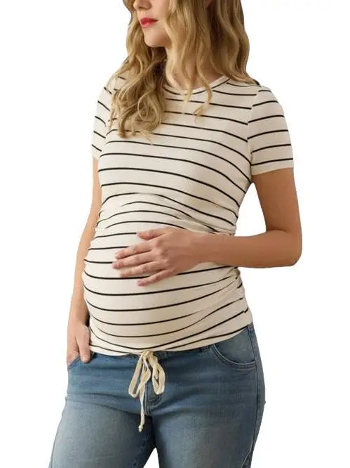 Motherhood Maternity Crew Neck Side-ruched Maternity Short Sleeve Top - Vanilla & Black Stripe