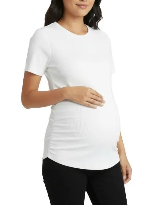 Motherhood Maternity Crew Neck Side-ruched Maternity Short Sleeve Top - White