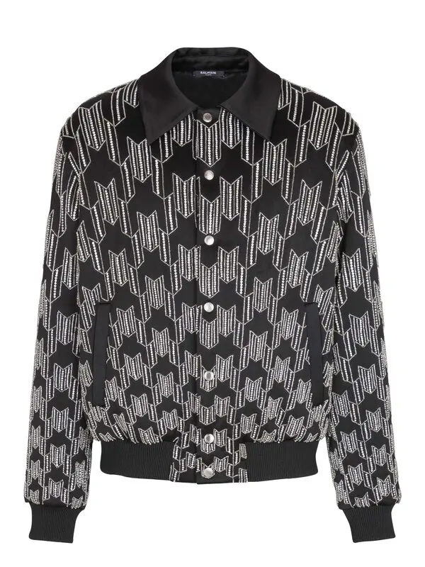 Balmain Satin Bomber Jacket With Crystal Houndstooth Pattern - Black