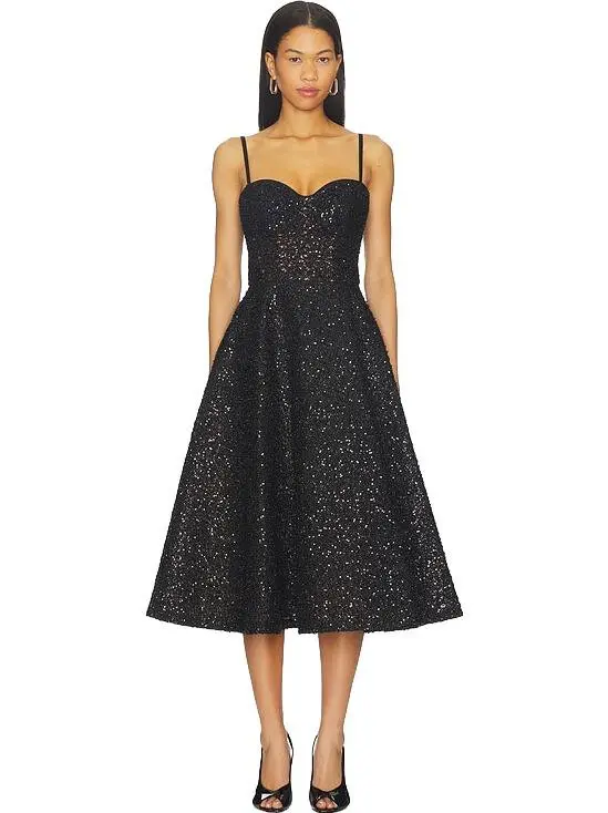 NADINE MERABI Beaded Embellished Skater Midi Dress - Black