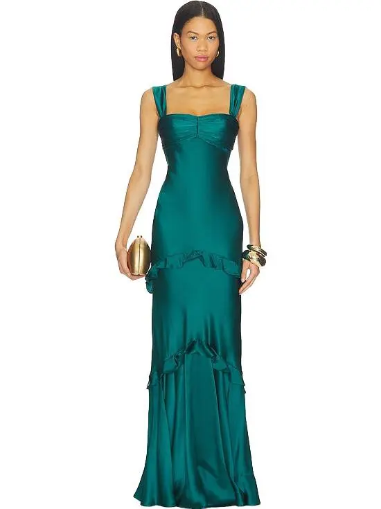 Saloni Selma Long Dress - Midnight Green