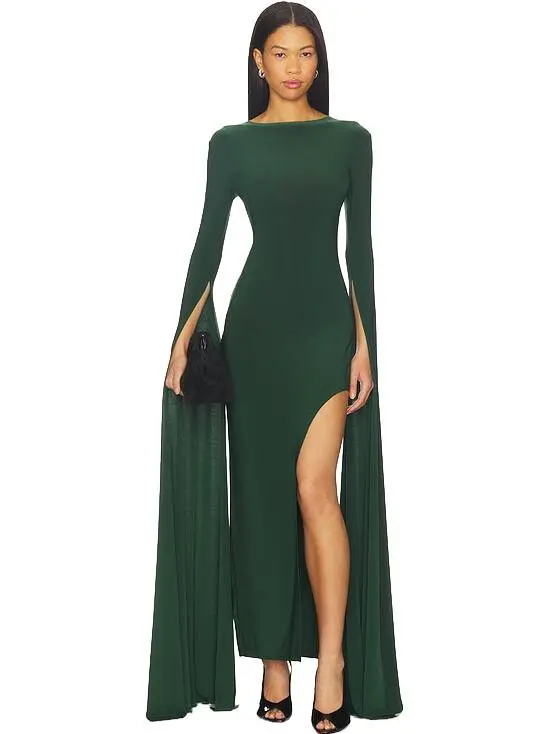 Norma Kamali Open Back Ribbon Sleeve Gown - Dark Emerald
