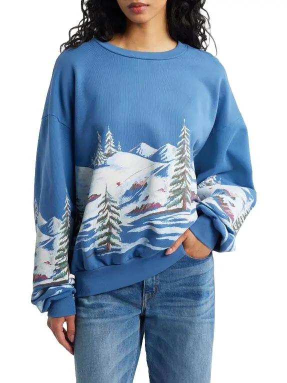 Daydreamer Alpine Scene Graphic Cotton Sweatshirt - Denim