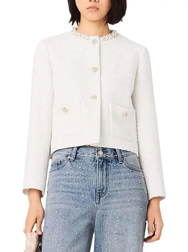 Maje Faux Pearl Trim Tweed Jacket - Ecru