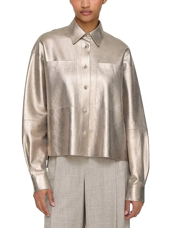 Lafayette 148 New York Cropped Leather Boyfriend Shirt - Natural Metallic