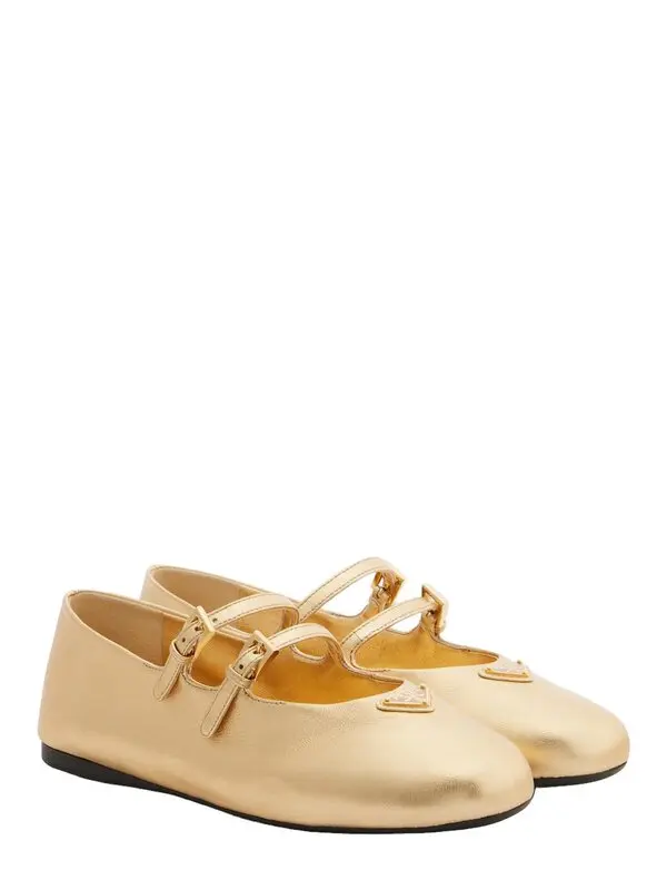Prada Metallic Leather Mary Jane Flats - Gold
