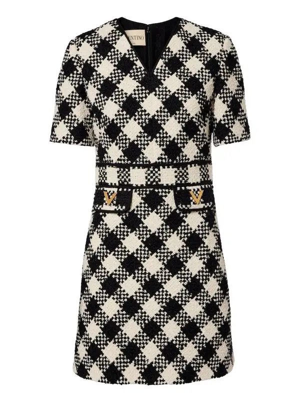 Valentino Garavani Vgold Checked Tweed Minidress - Black