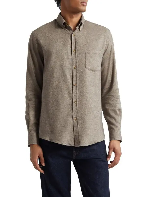 Sunspel Brushed Cotton Flannel Button-down Shirt - Light Brown Melange