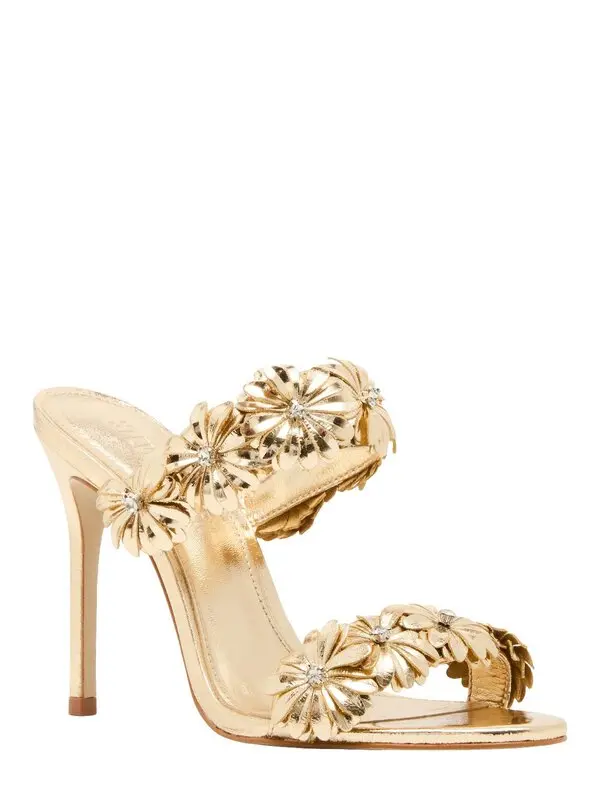 Steve Madden Sunshine Crystal Flower Stiletto Sandals - Gold Leather