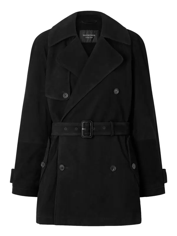 Balenciaga Double-breasted Belted Suede Trench Coat - Black