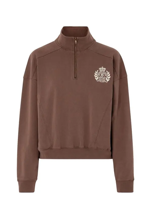 SPORTY & RICH Embroidered Cotton-jersey Half-zip Sweatshirt - Brown