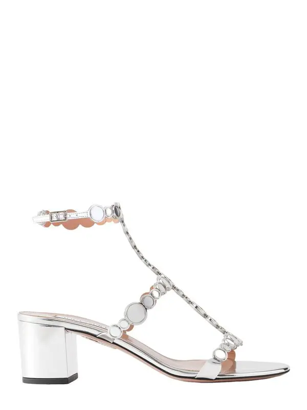 AQUAZZURA Afterglow 50 Metallic Leather Sandals - Silver