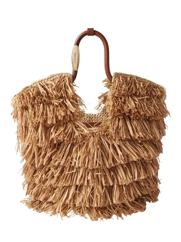 Zimmermann Small Raffia Tote With Leather Trim And Fringe - Brown
