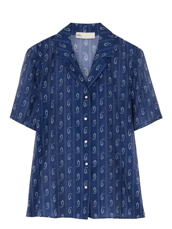 Tory Burch Printed Cotton And Silk-blend Shirt - Blue