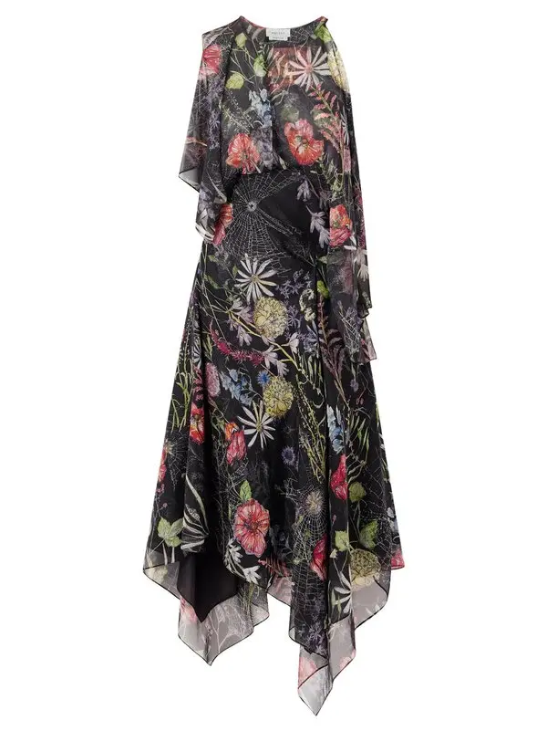 Alexander McQueen Floral-print Silk-chiffon Midi Dress - Black