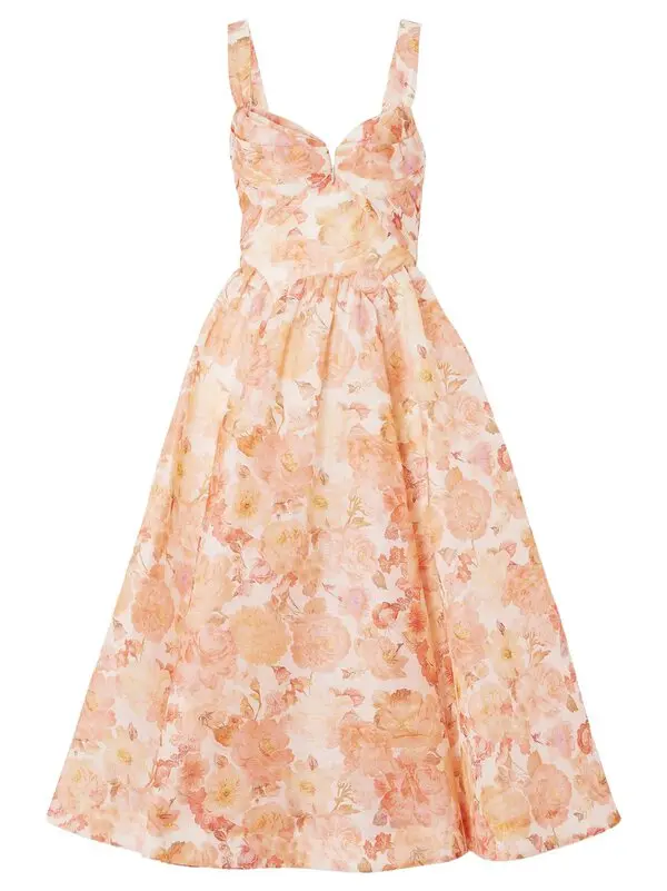 Zimmermann Floral-print Linen And Silk-blend Bustier Midi Dress - Orange