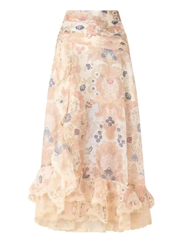 Zimmermann Rebellion Lace-trimmed Floral-print Linen And Silk-blend Maxi Skirt - Cream