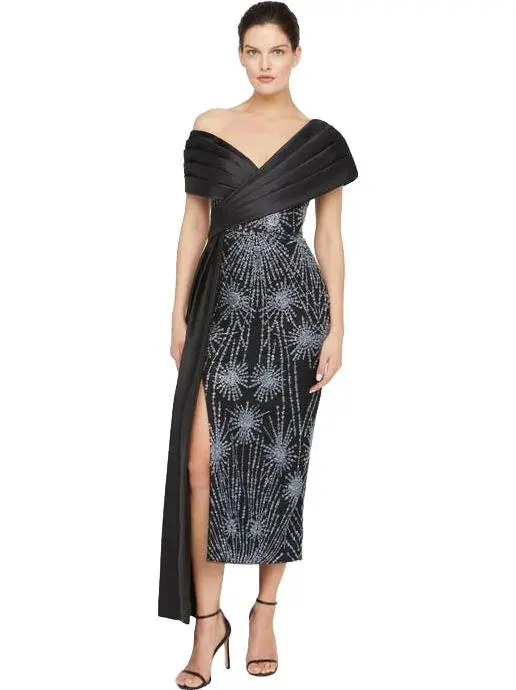 Theia Kelly Beaded Column Dress - Black/silver