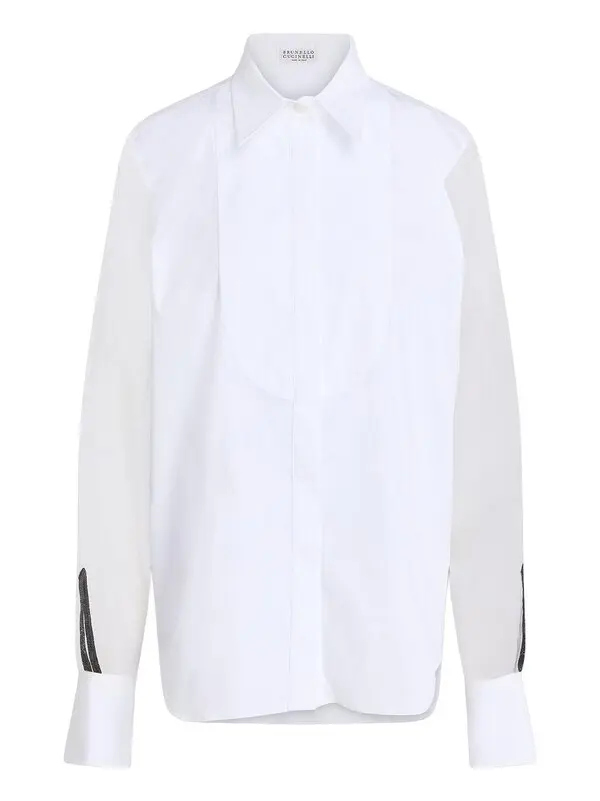 Brunello Cucinelli Bead-embellished Organza And Cotton-blend Poplin Shirt - White