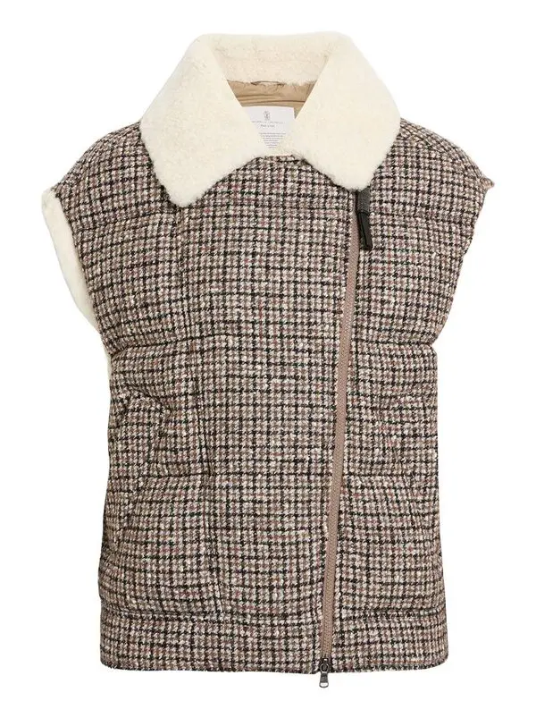 Brunello Cucinelli Shearling-trimmed Wool-blend Tweed Vest - Brown