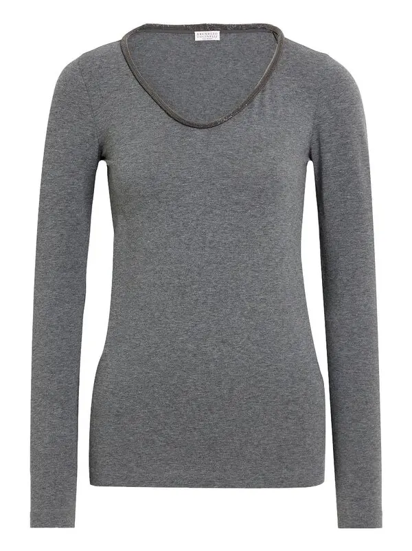 Brunello Cucinelli Bead-embellished Stretch Cotton-blend Top - Dark Gray