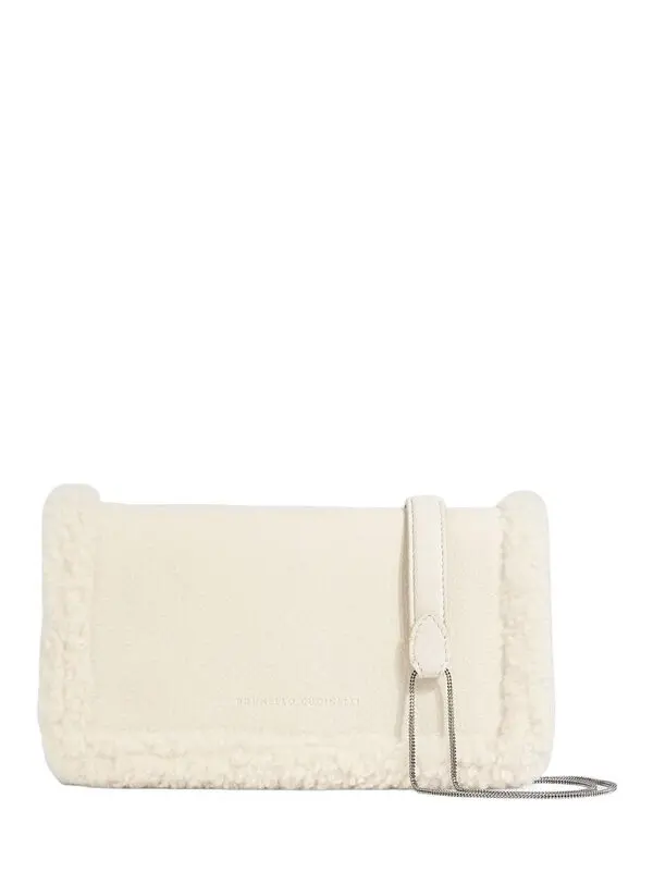Brunello Cucinelli Shearling-trimmed Pebbled-leather Shoulder Bag - Ivory