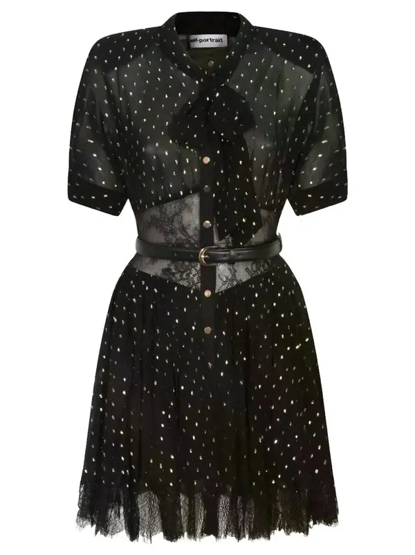 SELF-PORTRAIT Lace Belted Midi Dress - Black